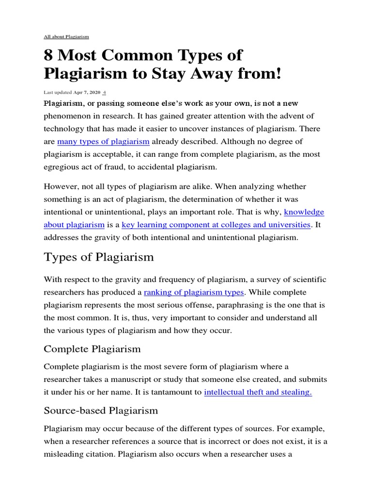 8 Most Common Types of Plagiarism To Stay Away From | PDF | Plagiarism ...