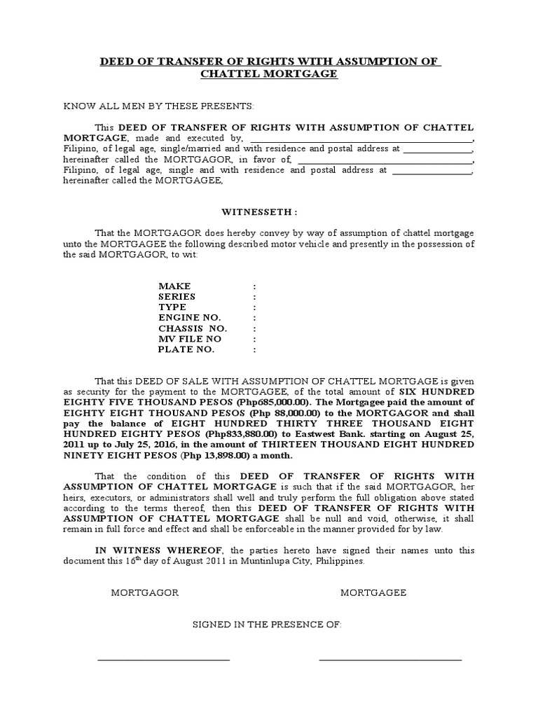 DEED OF ASSUMPTION OF CHATTEL MORTGAGE Blank | PDF | Mortgage Law | Deed