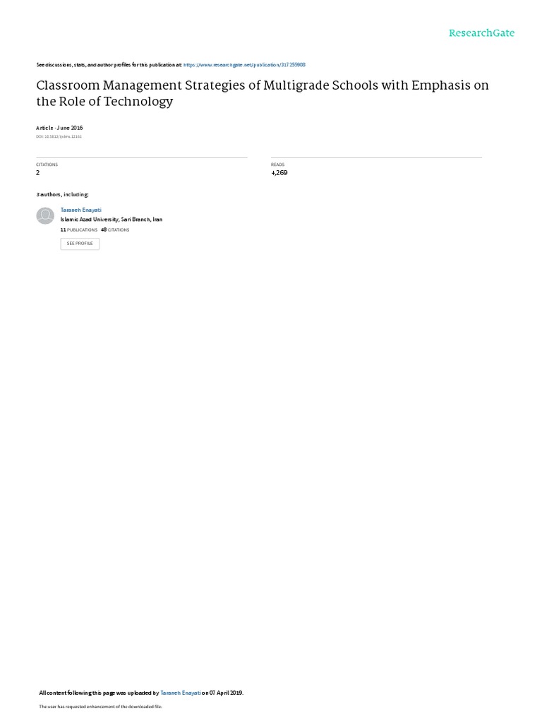 Classroom Management Strategies of Multigrade Schools With Emphasis On ...