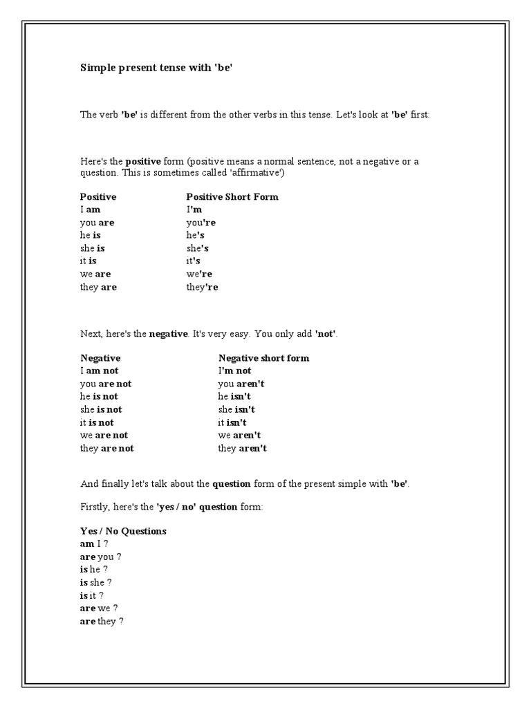 Simple Present Tense With 'Be': Positive Positive Short Form | PDF
