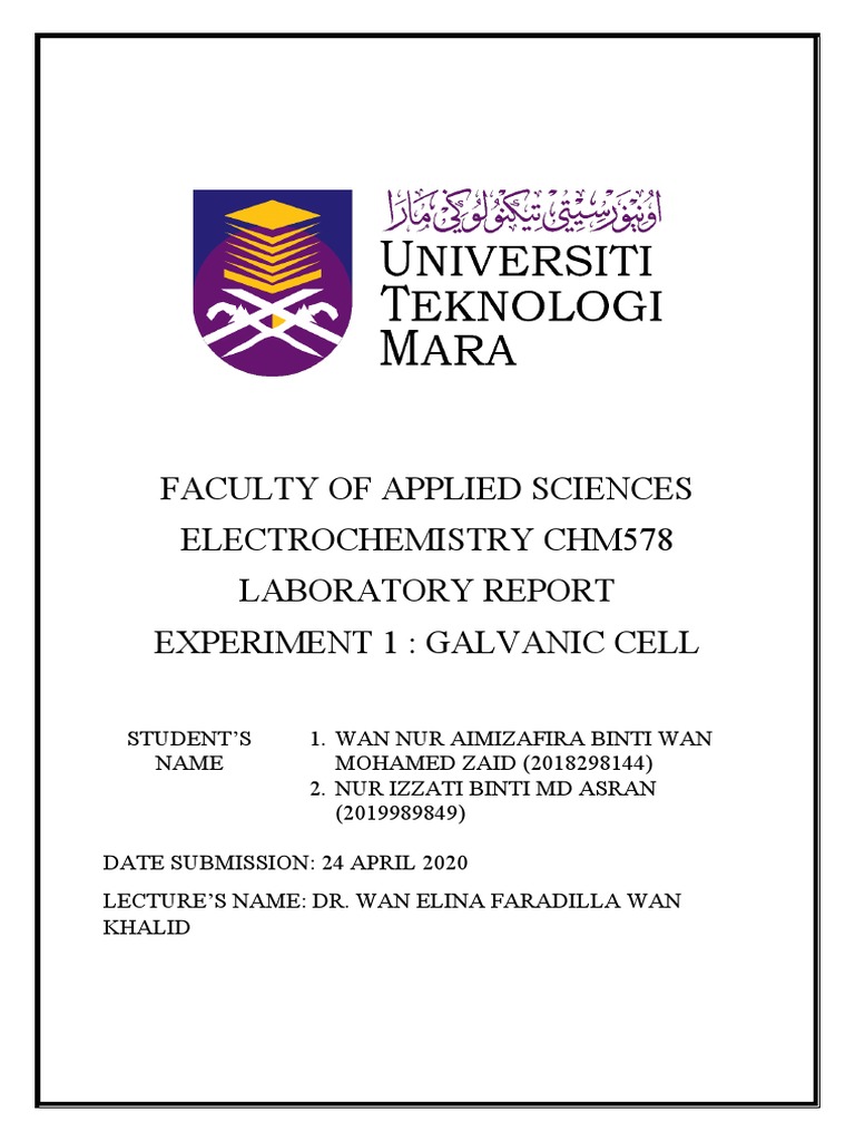 Faculty of Applied Sciences Electrochemistry Chm578 Laboratory Report ...