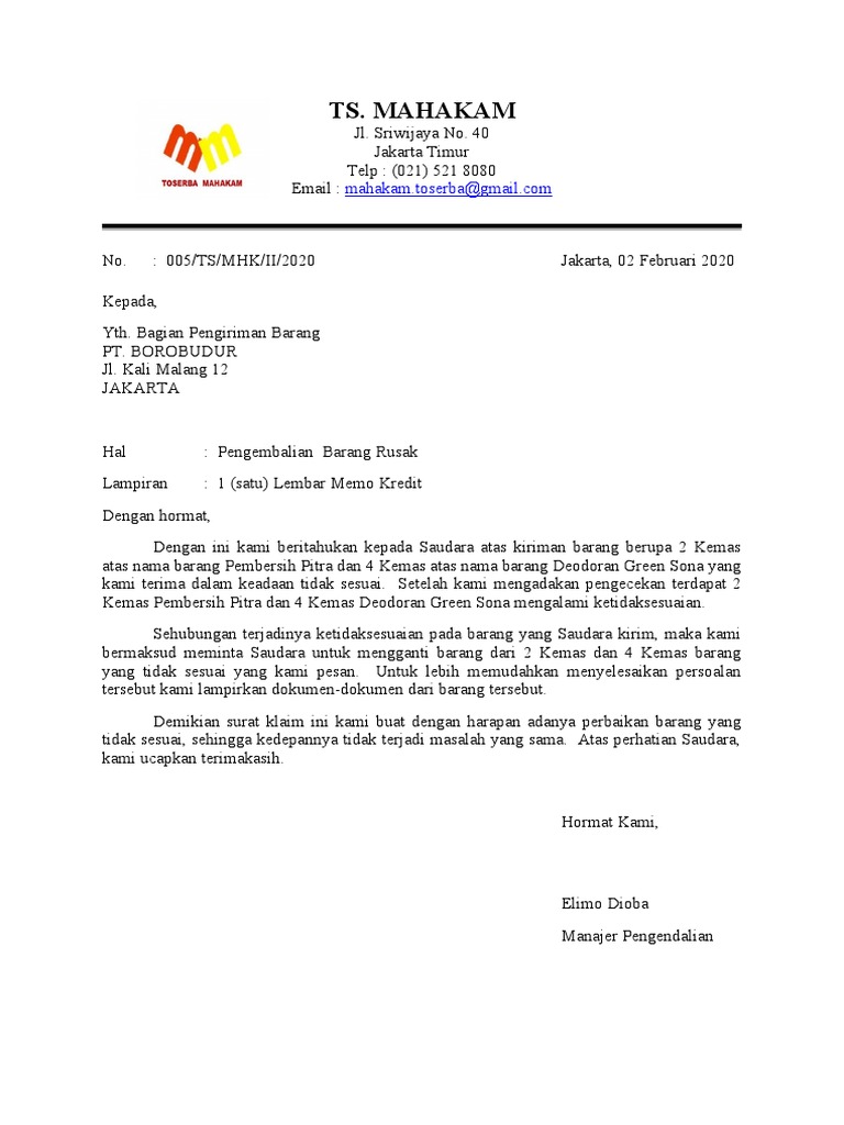 Surat Klaim Barang Kepada PT Borobudur | PDF