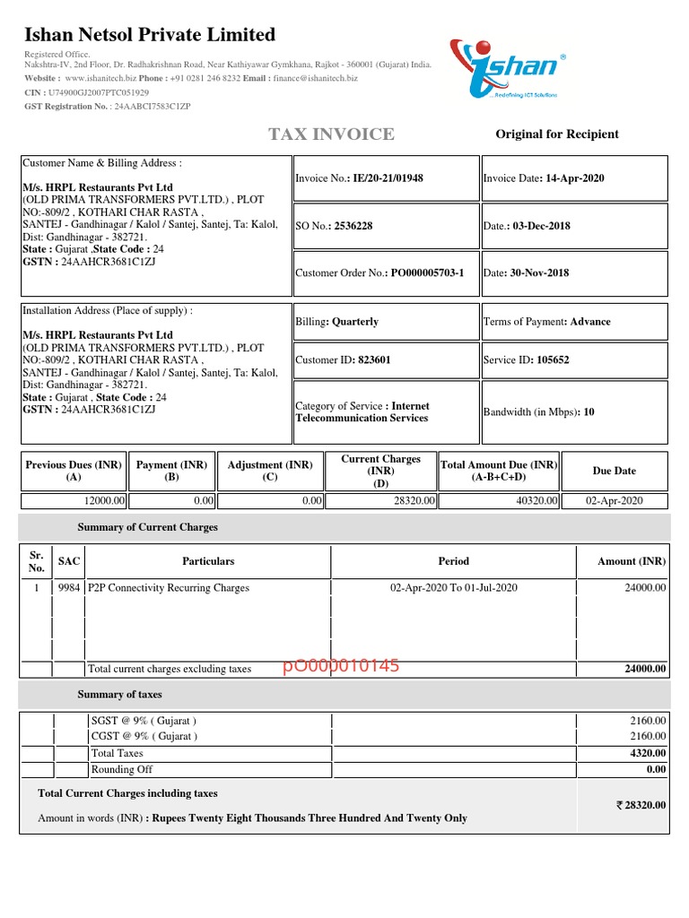Quarterly Tax Invoice for Internet Bandwidth Services Provided to M/s ...