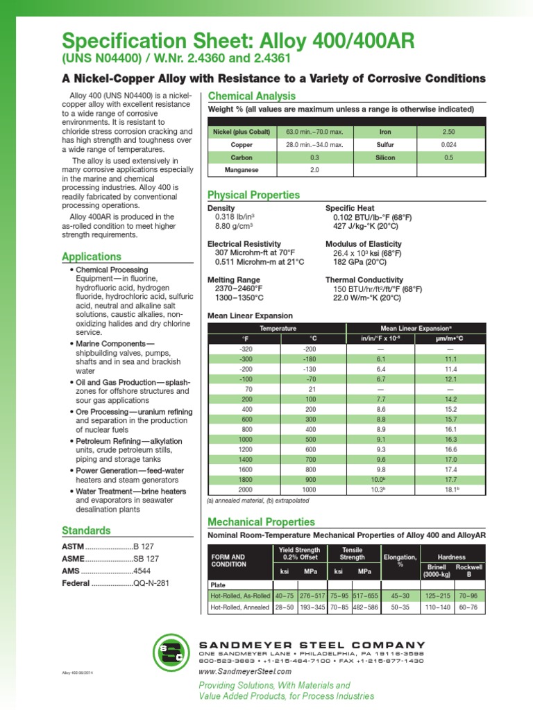 Alloy 400 Spec Sheet | PDF | Corrosion | Steel