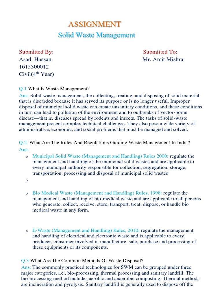 Assignment: Solid Waste Management | PDF | Municipal Solid Waste ...