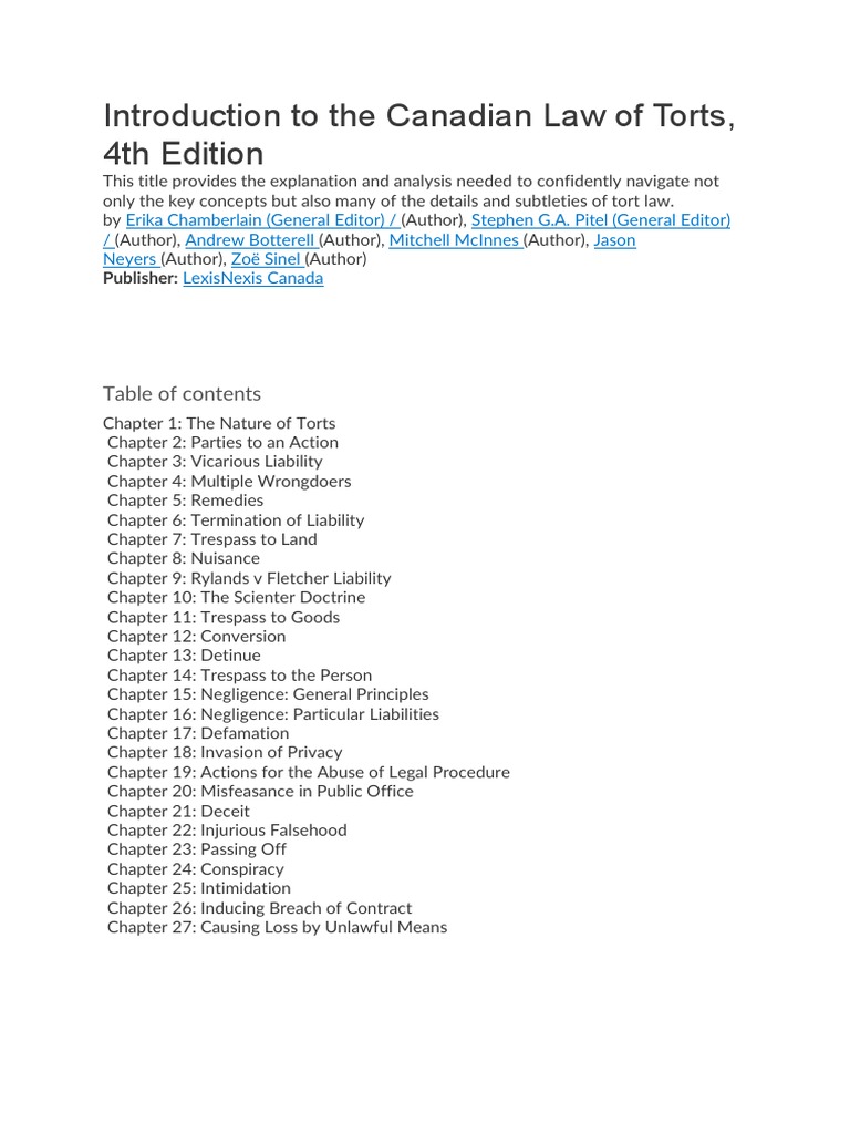 Table of Contents Introduction To The Canadian Law of Torts, 4th ...
