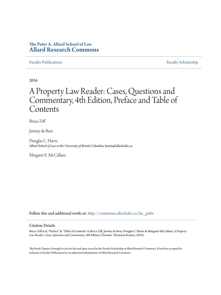 Table of Contents Ziff A Property Law Reader - Cases Questions and ...