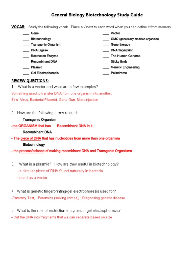 Biology Biotech Study Guide | PDF | Plasmid | Restriction Enzyme