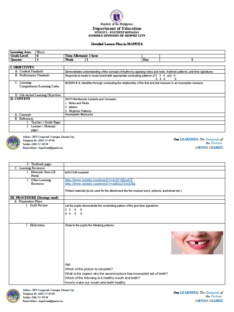 Department of Education: Detailed Lesson Plan in MAPEH 6 | PDF | Rhythm ...