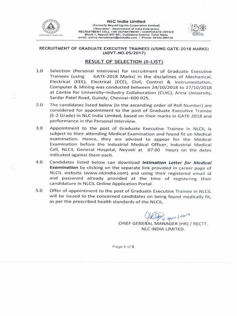 NLC India Limited: Intimation Letter For Medical Examination | PDF ...