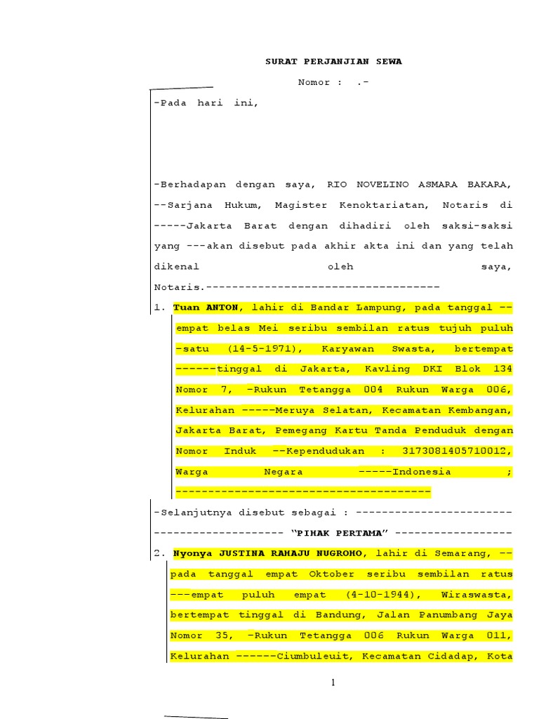 Contoh Akta Sewa Menyewa | PDF