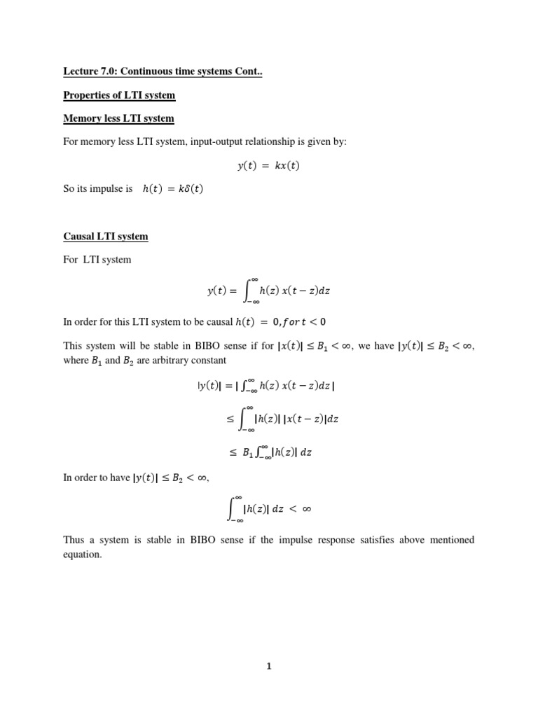Lecture 7.0: Continuous Time Systems Cont.. Properties of LTI System ...