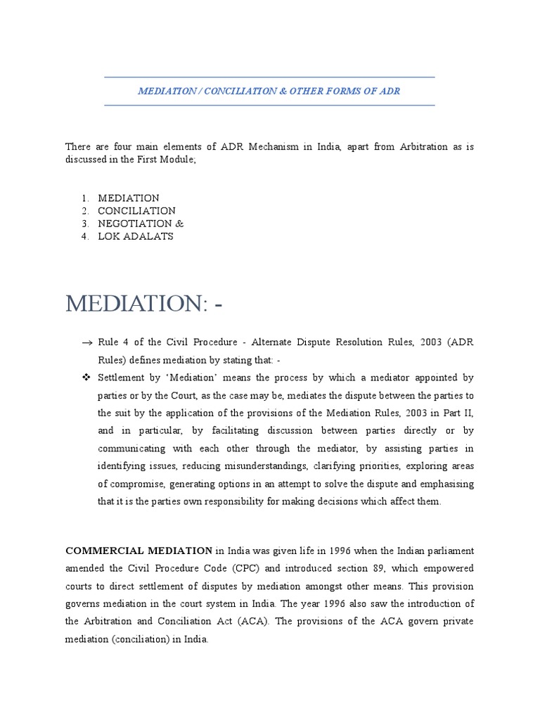Mediation: - : Mediation / Conciliation & Other Forms of Adr | PDF | Mediation | Alternative ...