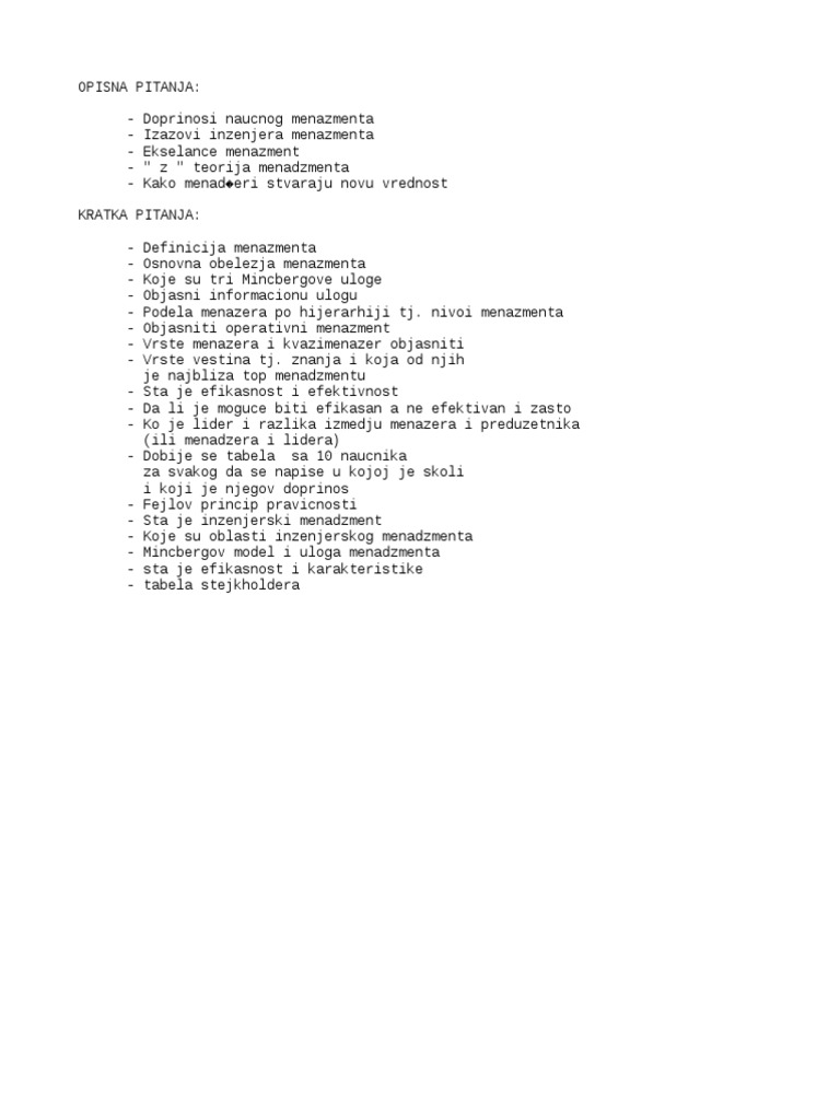 Potencijalna Pitanja Za I Kol Iz Principa Menadzmenta | PDF