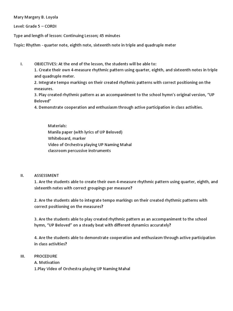 Lesson Plan 2 RHYTHM | PDF | Rhythm | Tempo