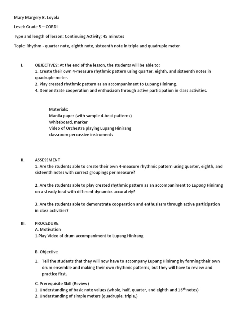 Lesson Plan 3 RHYTHM | PDF | Rhythm | Lesson Plan