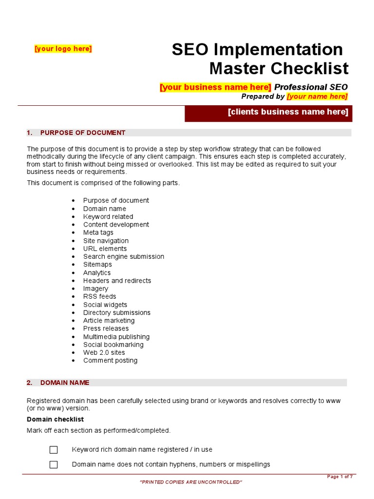 SEO Implementation Checklist | PDF | Search Engine Optimization ...
