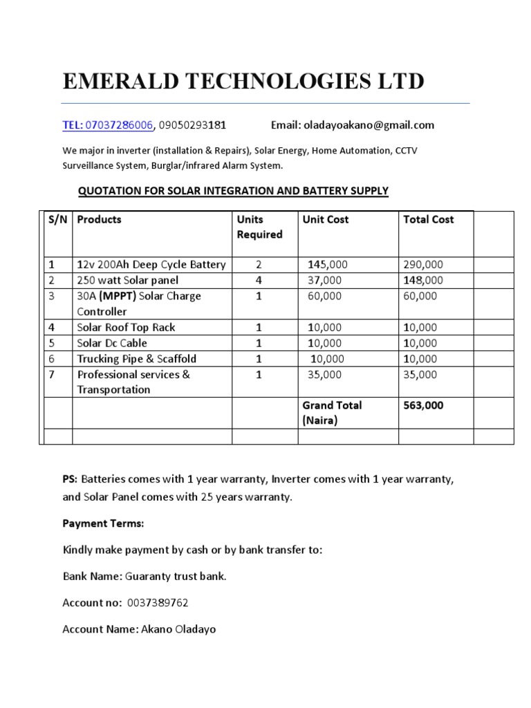 Quotation For Solar Integration and Battery Supply | PDF | Power ...