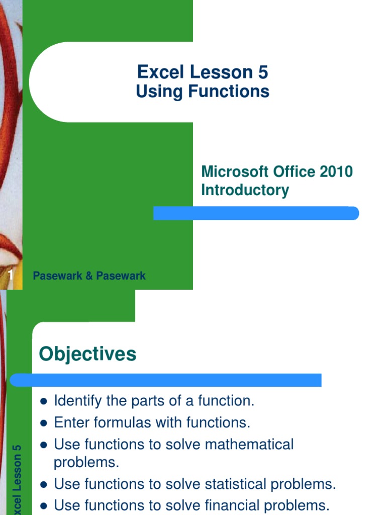 Excel Lesson 5: Using Functions | PDF | Function (Mathematics) | Formula