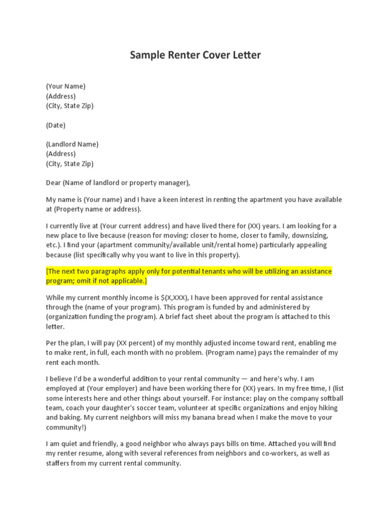 Sample Renter Cover Letter | PDF