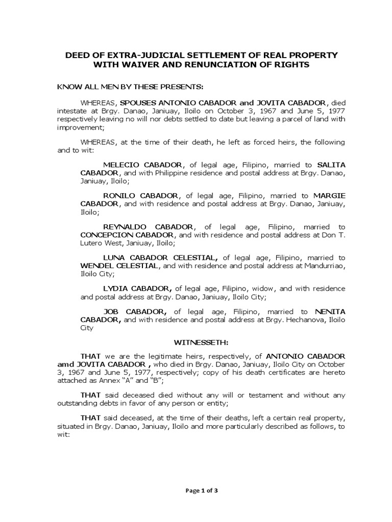 Deed of Extra-Judicial Settlement of Real Property With Waiver and Renunciation of Rights | PDF ...