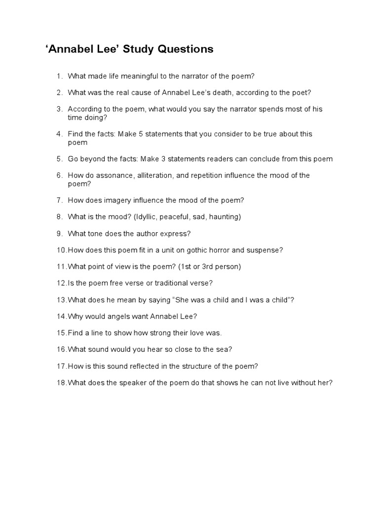 Annabel Lee Questions Summarised | PDF