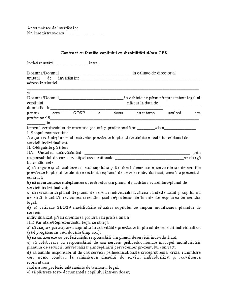 Contract Cu Familia Copil CES Nou PDF | PDF