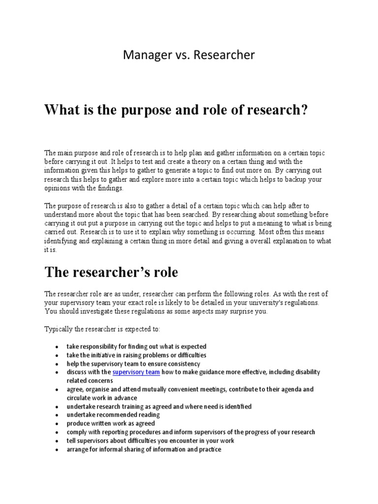 What Is The Purpose and Role of Research?: Manager vs. Researcher | PDF ...