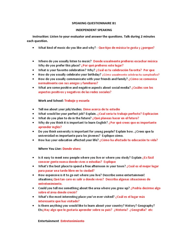 Speaking Questionaire B1 | PDF
