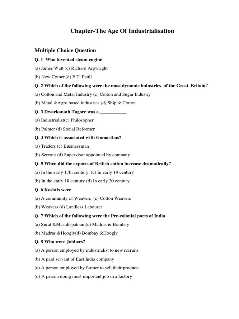 Chapter-The Age of Industrialisation: Multiple Choice Question | PDF ...