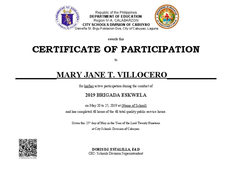 Certificate Template For Brigada Eskwela | PDF