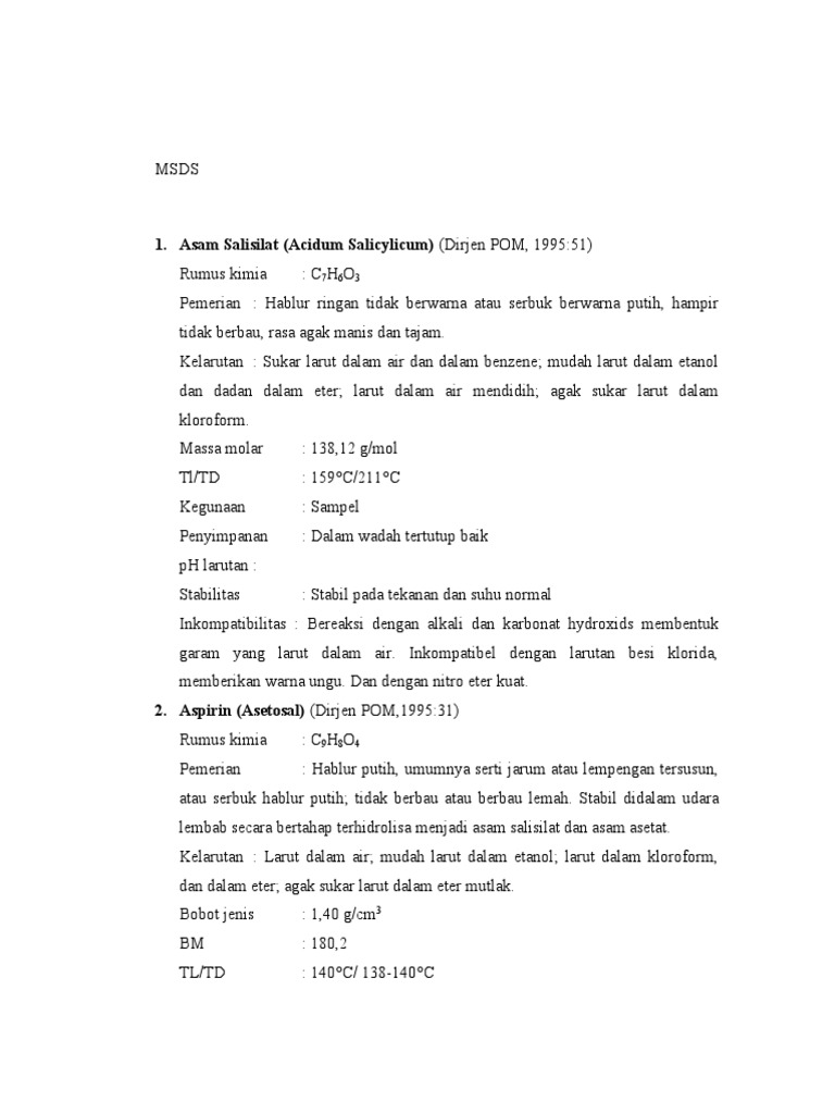 Monografi dan MSDS Asam Salisilat | PDF | Memasak, Makanan, & Anggur ...