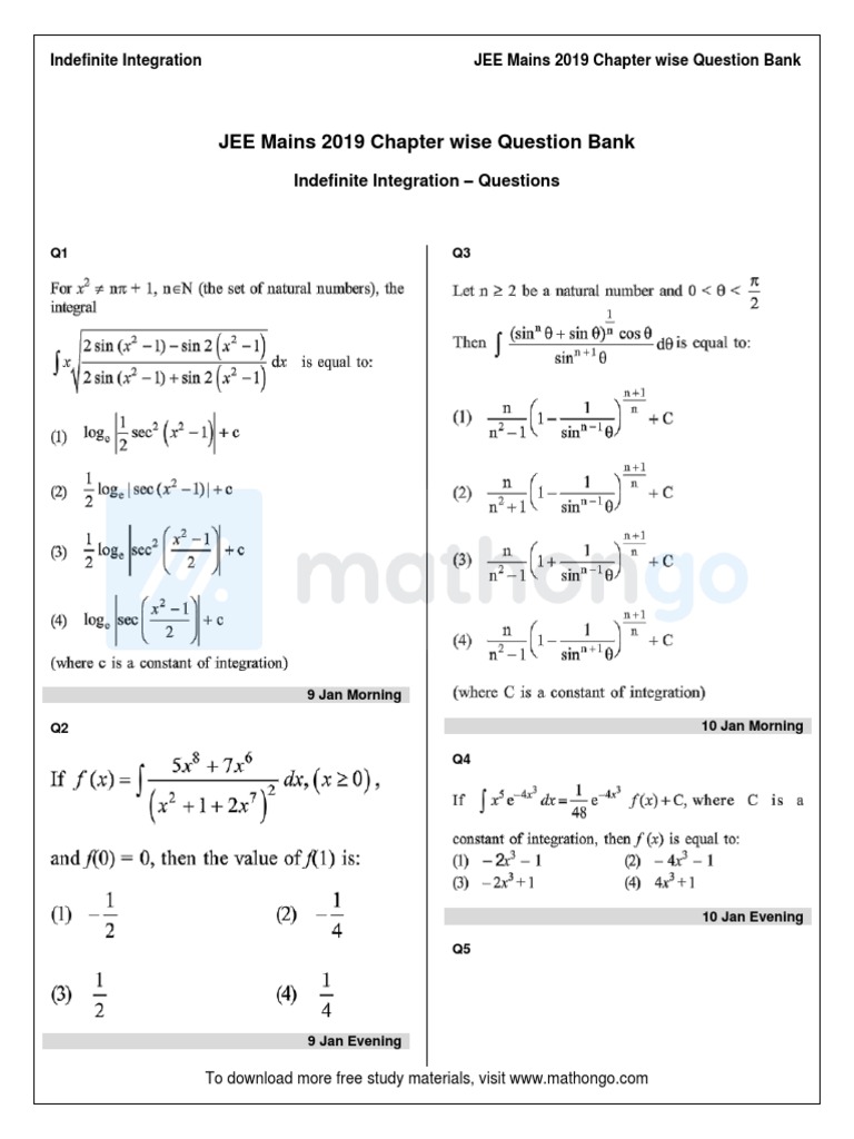 JEE Mains 2019 Chapter Wise Question Bank: Indefinite Integration ...