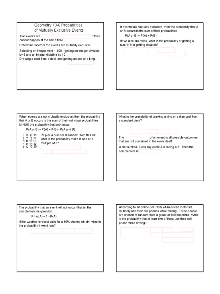 Geometry 13-6 Probabilities of Mutually Exclusive Events | PDF ...