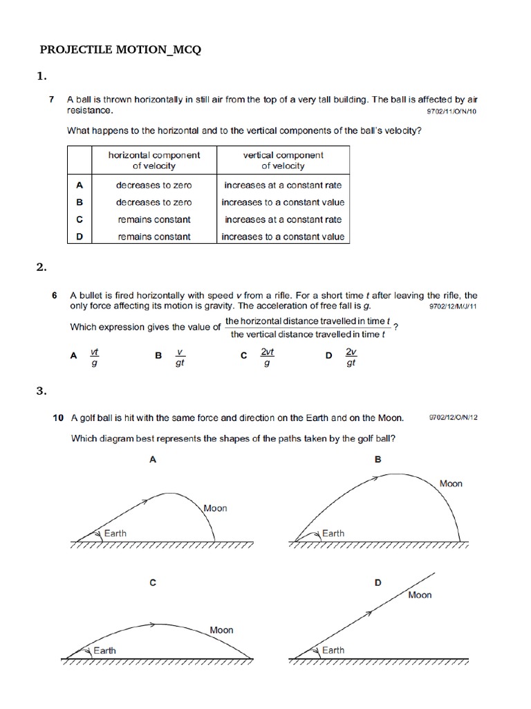 1.7 - Worksheet - Projectile Motion - MCQ | PDF