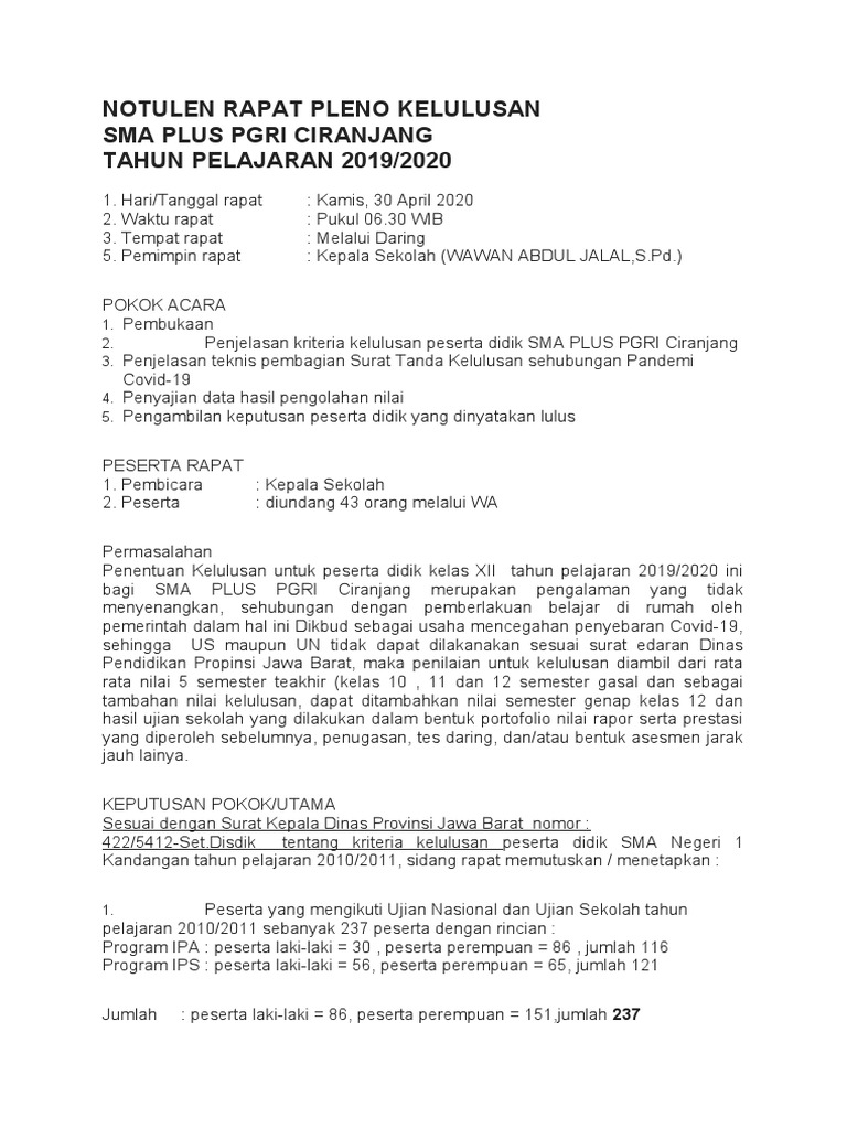 NOTULEN RAPAT PLENO KELULUSAN Sma Pgri | PDF