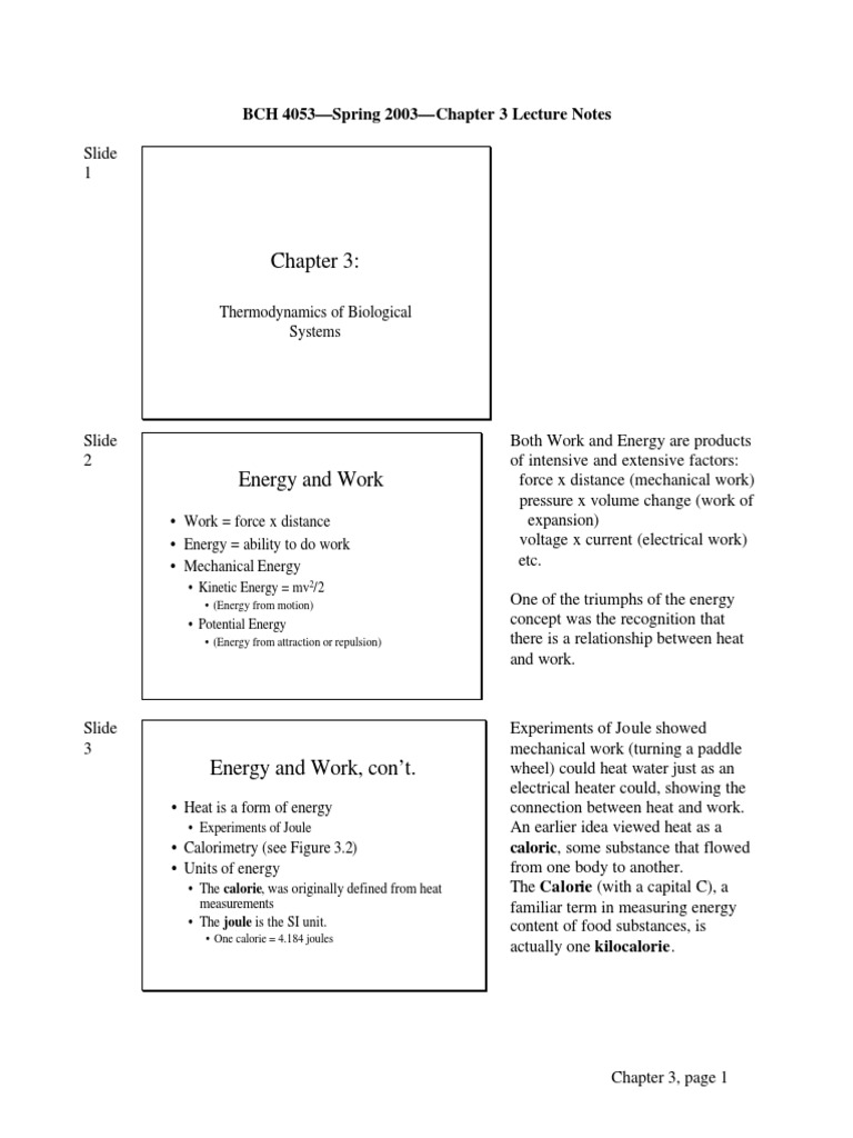 Energy and Work: BCH 4053-Spring 2003-Chapter 3 Lecture Notes | PDF ...