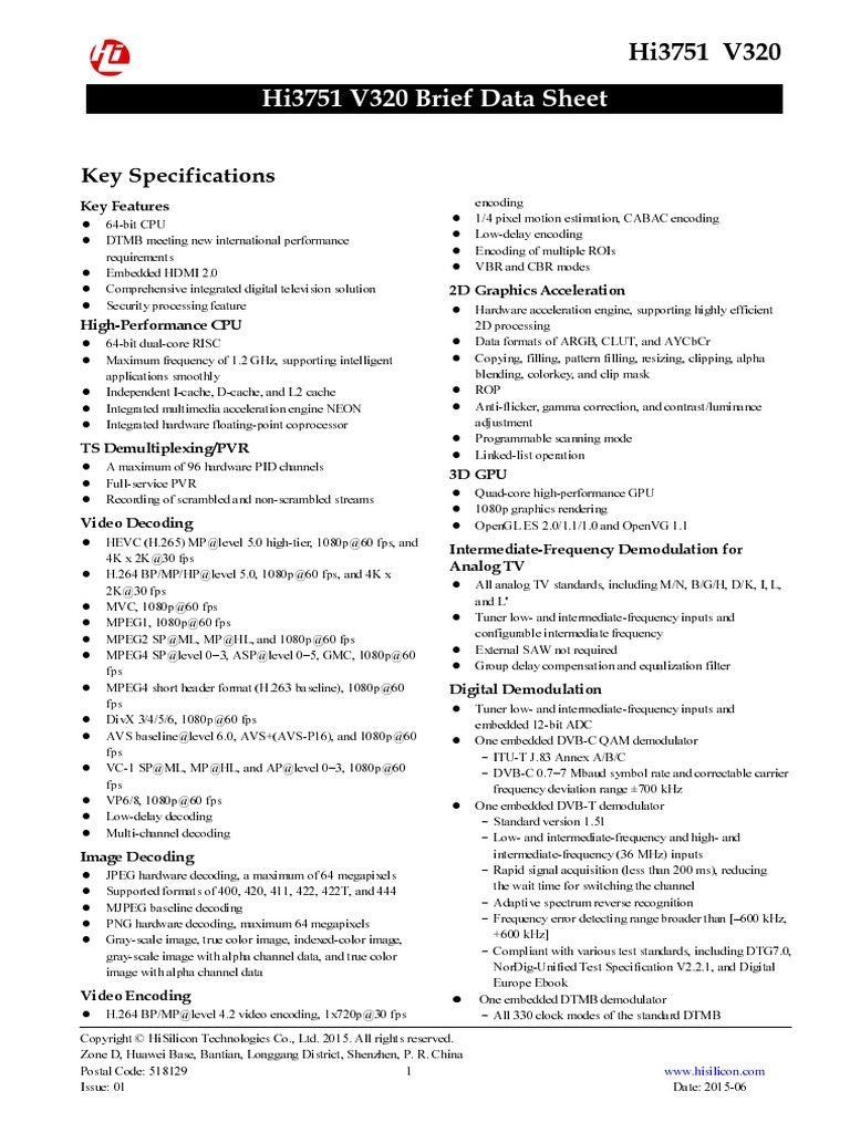 Hi3751 V320 Brief Data Sheet: Key Specifications Key Features | PDF ...