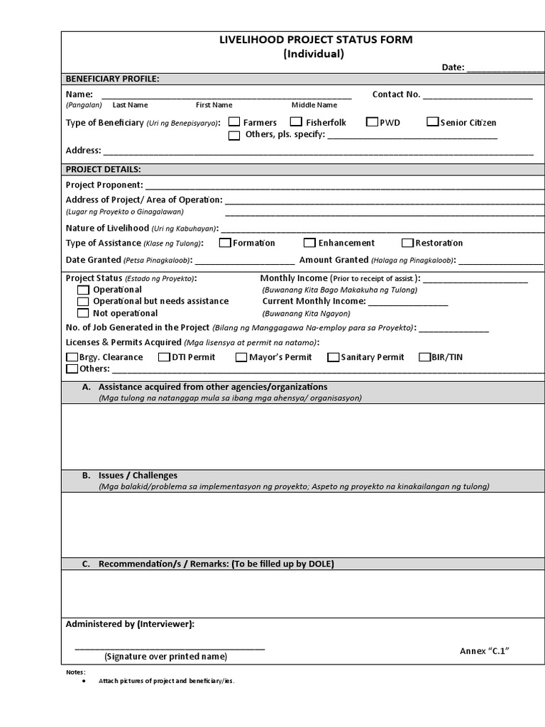 Annex C.1 - Livelihood Project Status Form For Individual Project | PDF ...