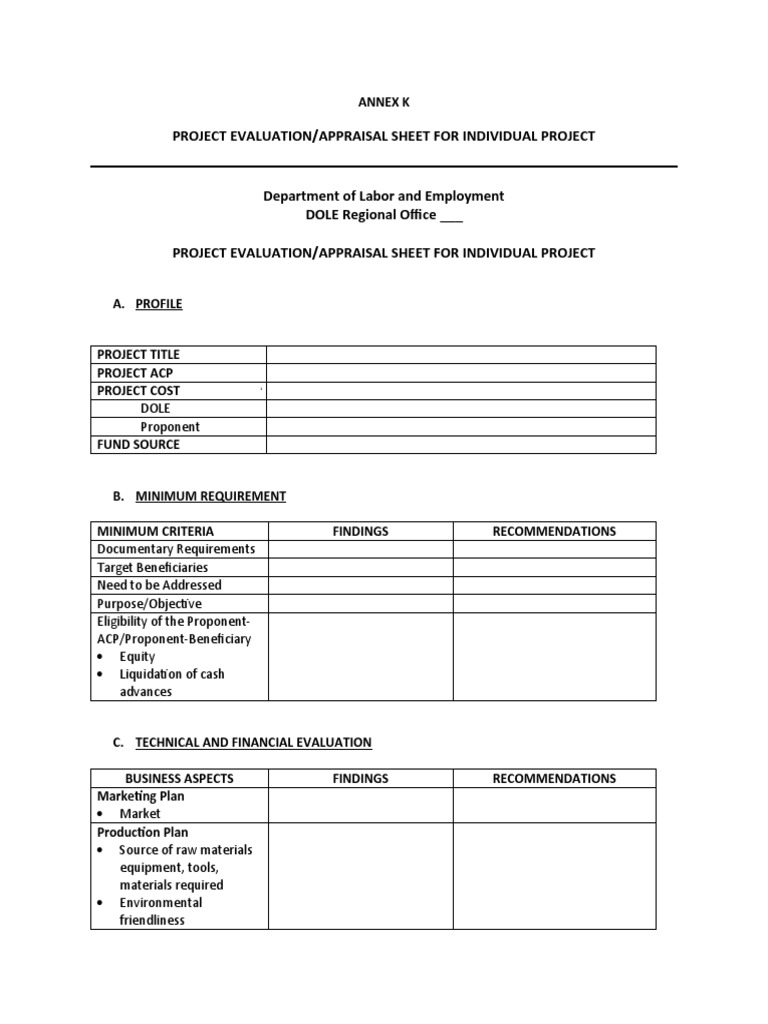 ANNEX K - Project Evaluation or Appraisal Sheet For Individual Project ...