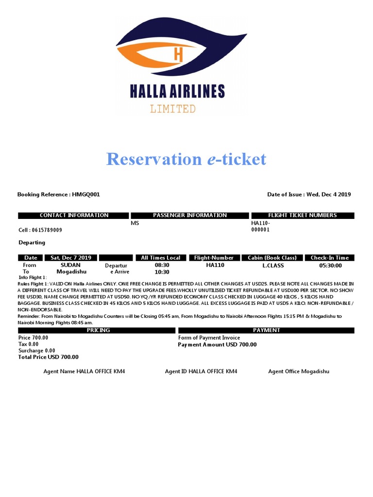 Halla Airlines Ticket to Mogadishu | PDF