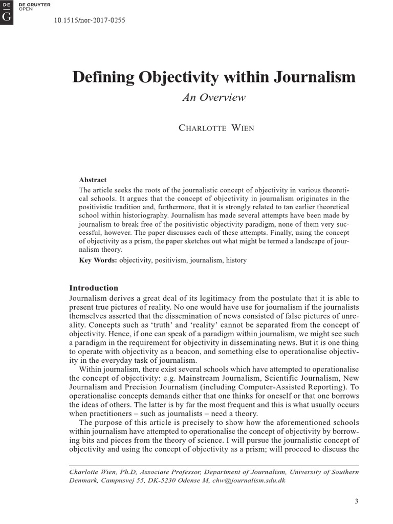 Defining Objectivity Within Journalism An Overview CHARLOTTE WIEN | PDF | Positivism | Journalism