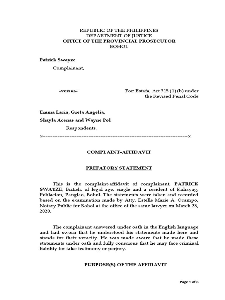 COMPLAINT AFFIDAVIT Sample | PDF | Perjury | Affidavit