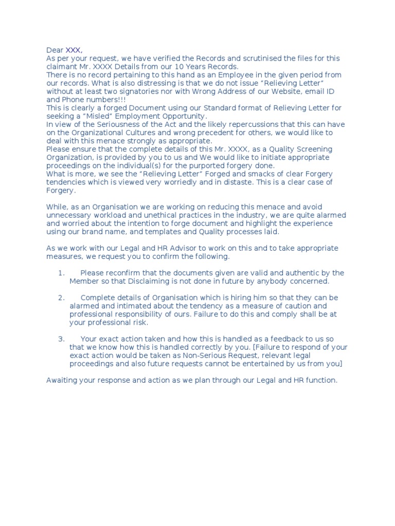 Reply To Employee Verification - in Case of Fraud | PDF | Forgery ...