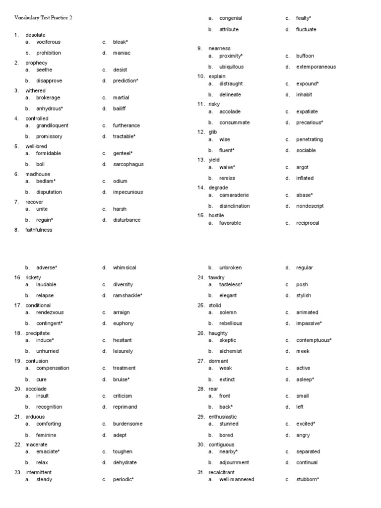 Vocabulary Practice Test 2 Answer Key | PDF