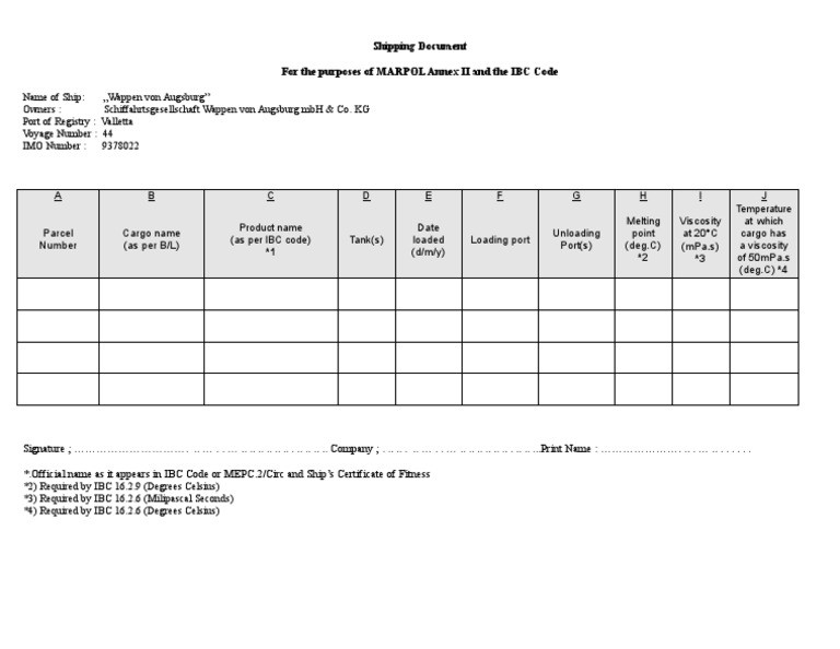 Shipping Document For The Purposes of MARPOL Annex II and The IBC Code ...