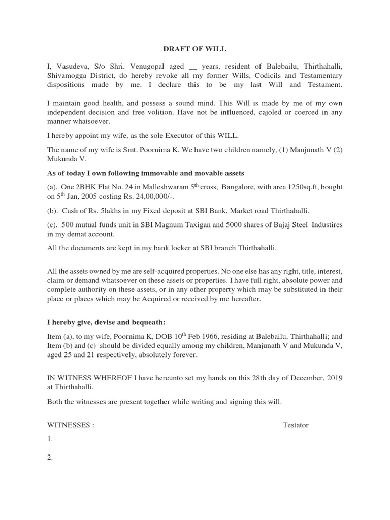 Draft of Will: TH TH | PDF