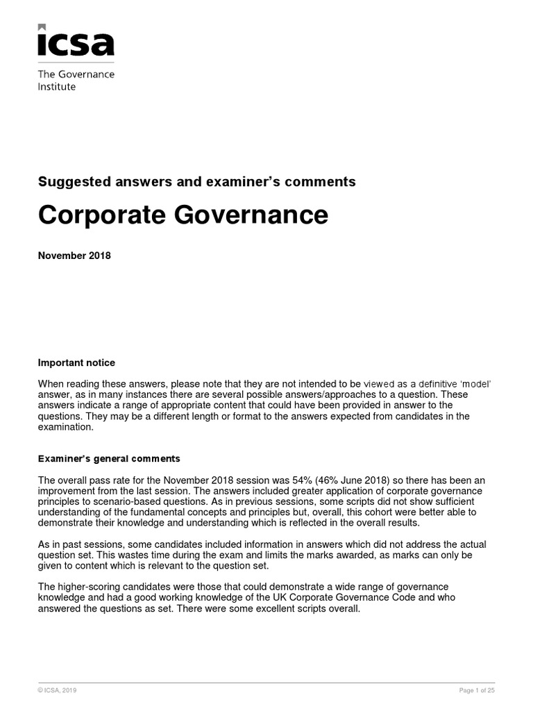 Corporate Governance: Suggested Answers and Examiner's Comments | PDF ...