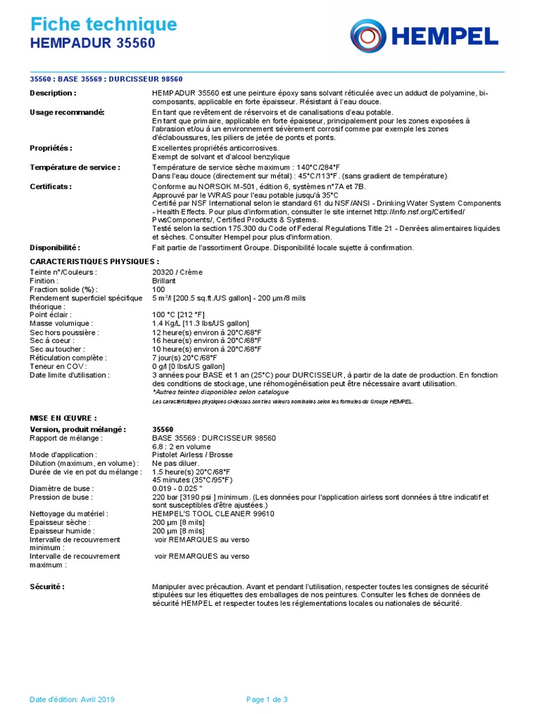 Peinture époxy HEMPADUR 35560 : Fiche technique | PDF | Chimie | Matériaux