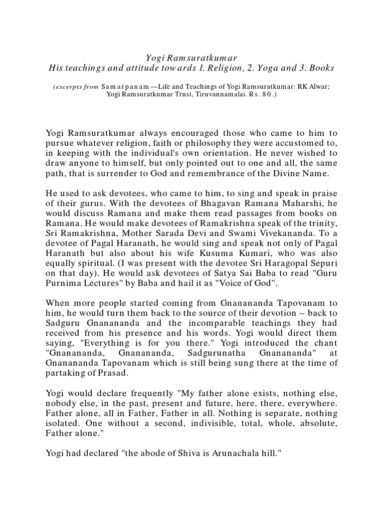 Yogi Ramsuratkumar His Teachings and Attitude Towards 1. Religion, 2 ...